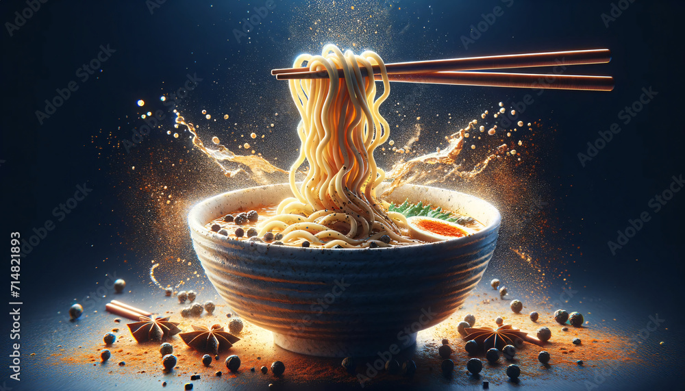 Realistic 3D image of curved ramen noodles being lifted by chopsticks ...