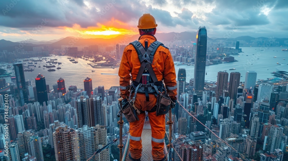 A Construction Worker on a High-Rise Building Scaffold, Secured with ...