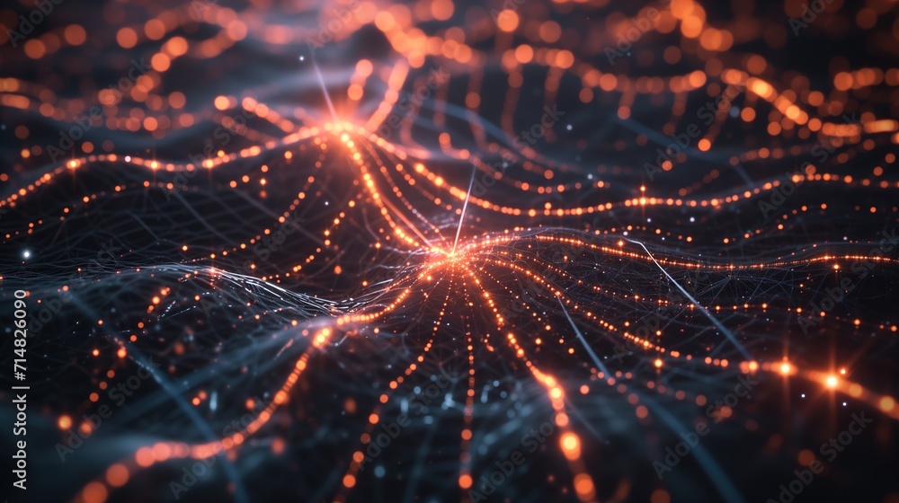 A close-up photo of a 3D representation of a neural network, with interconnected nodes and ...