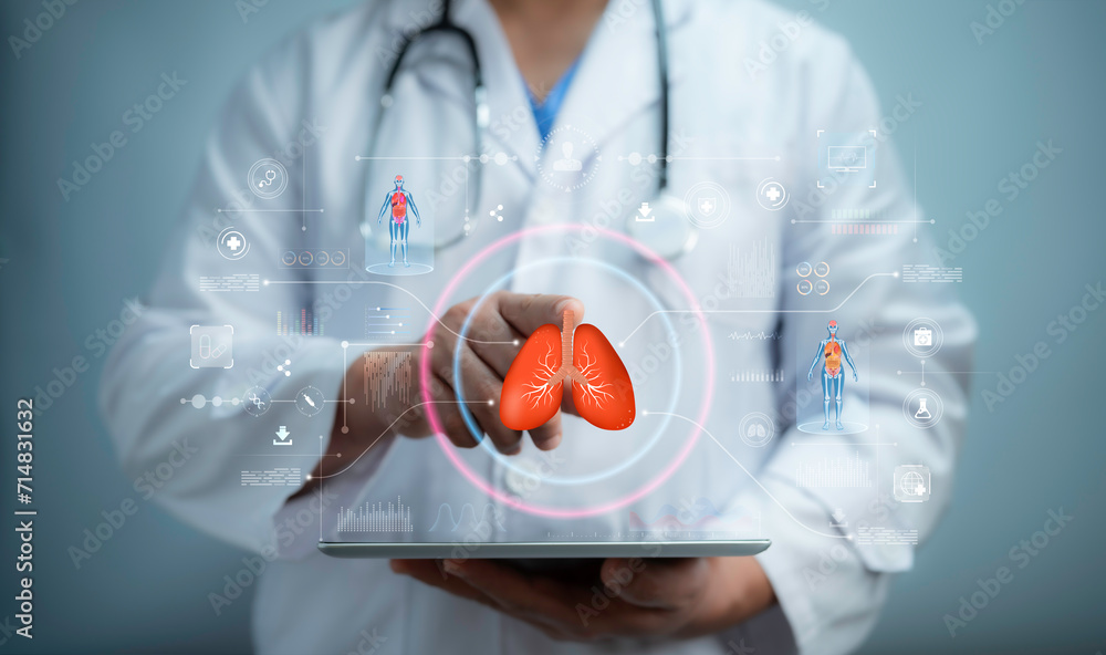 A medical worker touch virtual Holograms Lung organ human.HUD interface ...