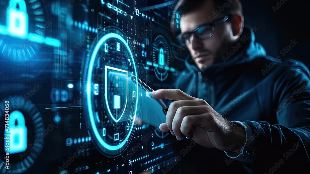 the man behind the icon of cyber secuirty panel hologram Stock Photo ...