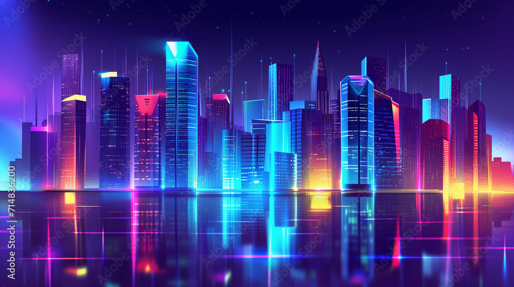 Fototapeta: Futuristic Neon Cityscape Reflection: Vibrant Cyberpunk ... Fototapeta: Futuristic Neon Cityscape Reflection: Vibrant Cyberpunk ...