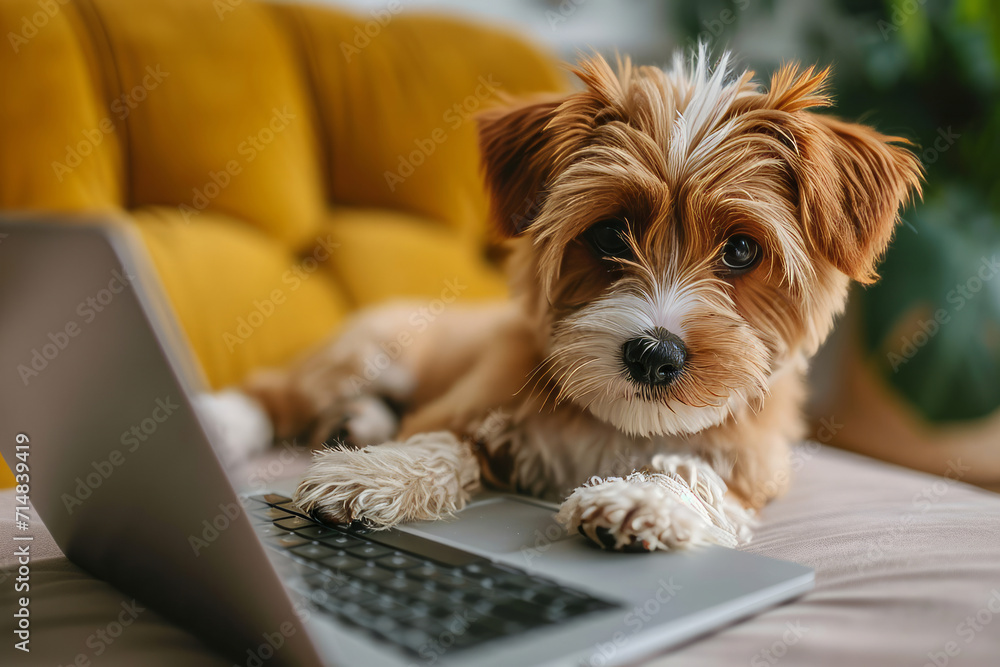 Fotografia do Stock: dog with laptop. Portrait of a r dog in front of a ...