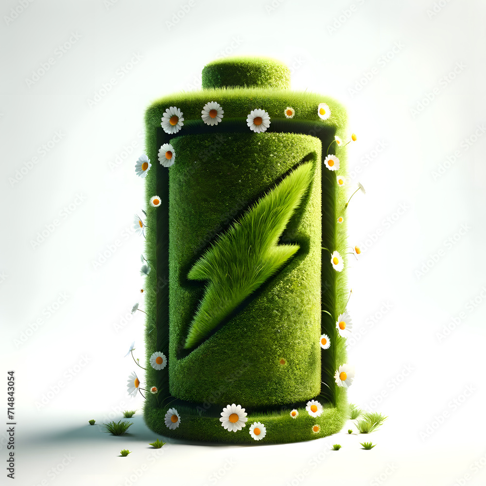fully charged battery symbol made out of grass and daisy flowers with ...