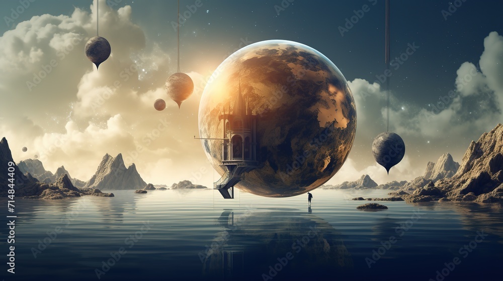 Most beautiful landscape with island on still highland lake in front of ...