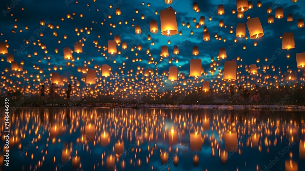 Sky Ablaze with Countless Floating Lanterns serene cultural festive ...