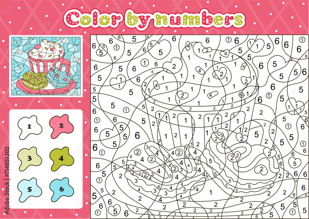 Food and drinks themed coloring page by number for kids with cute mug ...