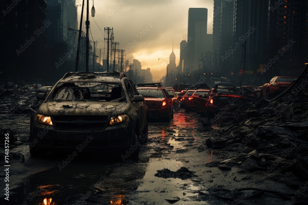 A convoy of cars braves the flooded streets, surrounded by towering ...