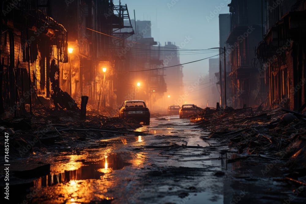 A desolate city street at night, ravaged by a natural disaster, with ...