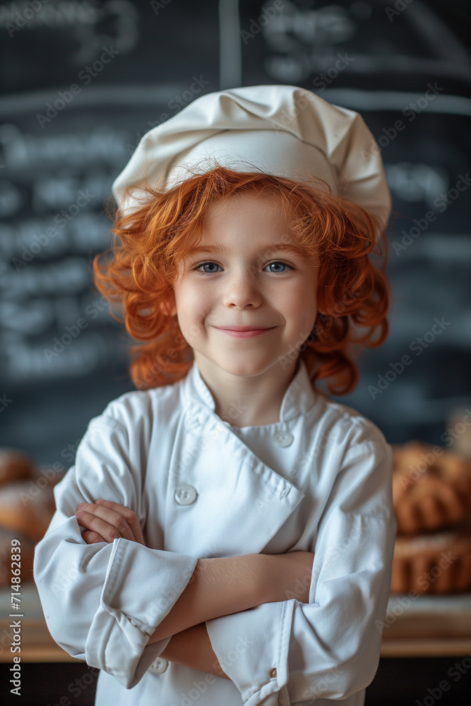 Smiling kid wearing pastry chef outfit. Little boy wearing a pastry ...