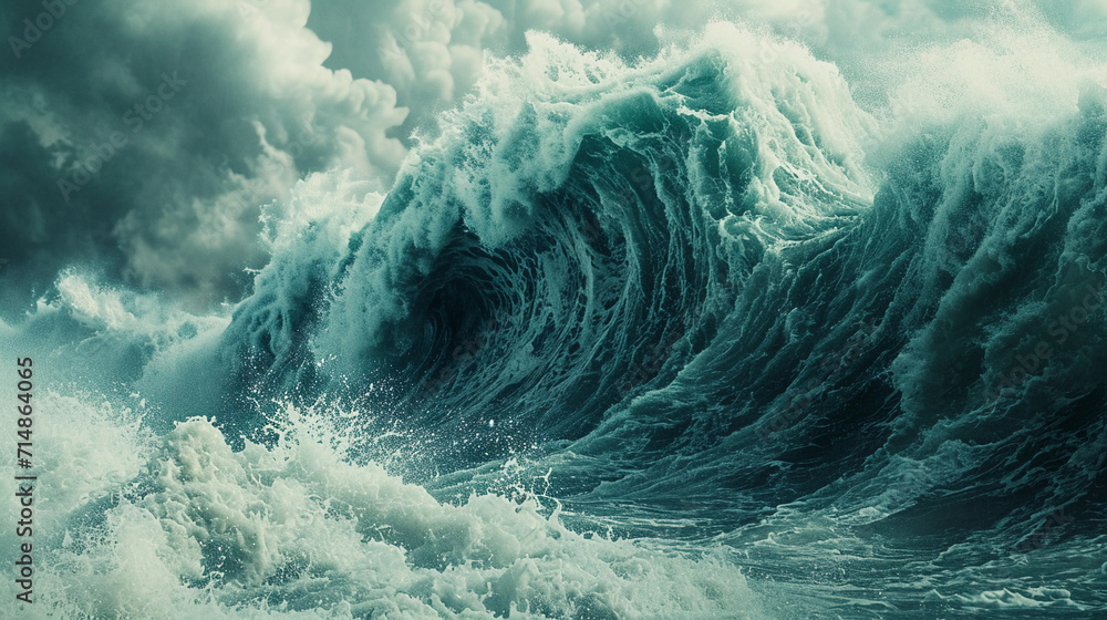 Tsunami wave approaching a coastline, photorealistic depiction of the ...