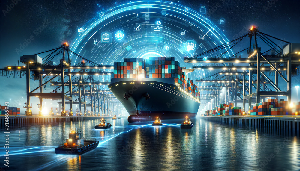 A futuristic cargo ship docks at a high-tech port with digital ...