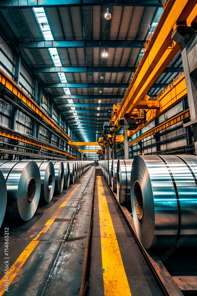 Loading galvanised steel rolls with gantry crane in huge warehouse ...
