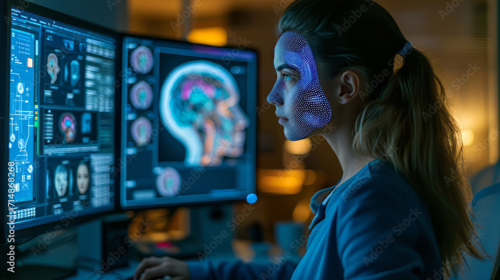 A modern human interacts with an AI assistant through a virtual ...