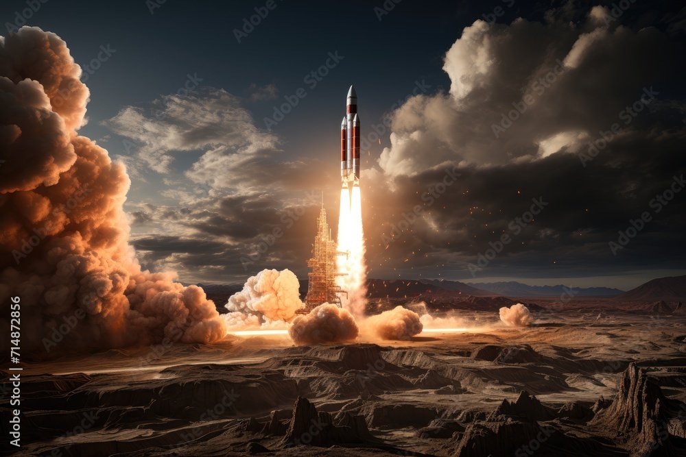 A powerful missile soars into the sky, leaving behind a trail of smoke ...