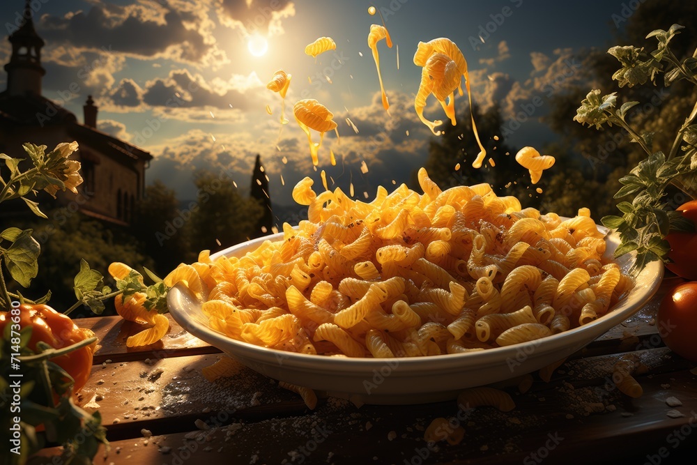 A colorful dish of pasta sits beneath the bright sky, surrounded by a ...