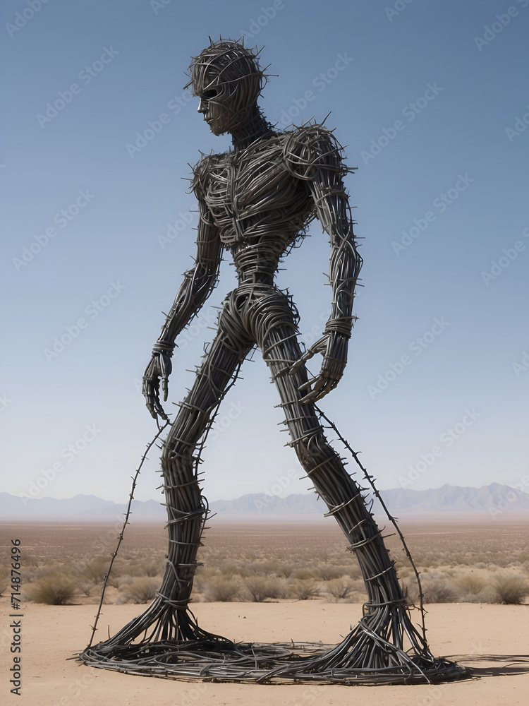 Human statue made of barbed wire are installed in the wilderness Stock ...
