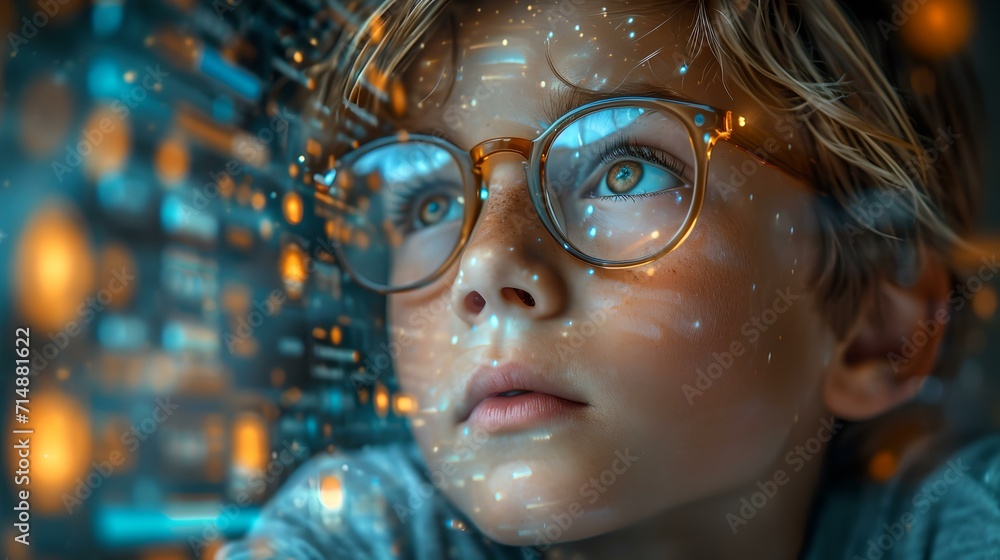 Curious child peering through a window on a stary night. wonder and ...