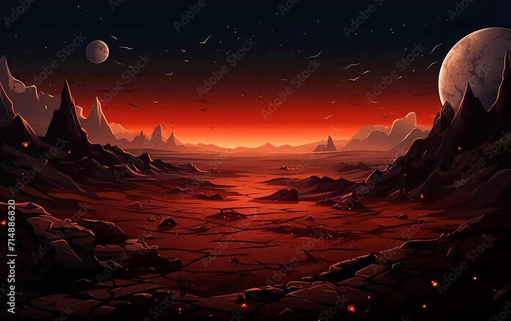 Mars surface, alien planet landscape. Very beautiful night space game ...