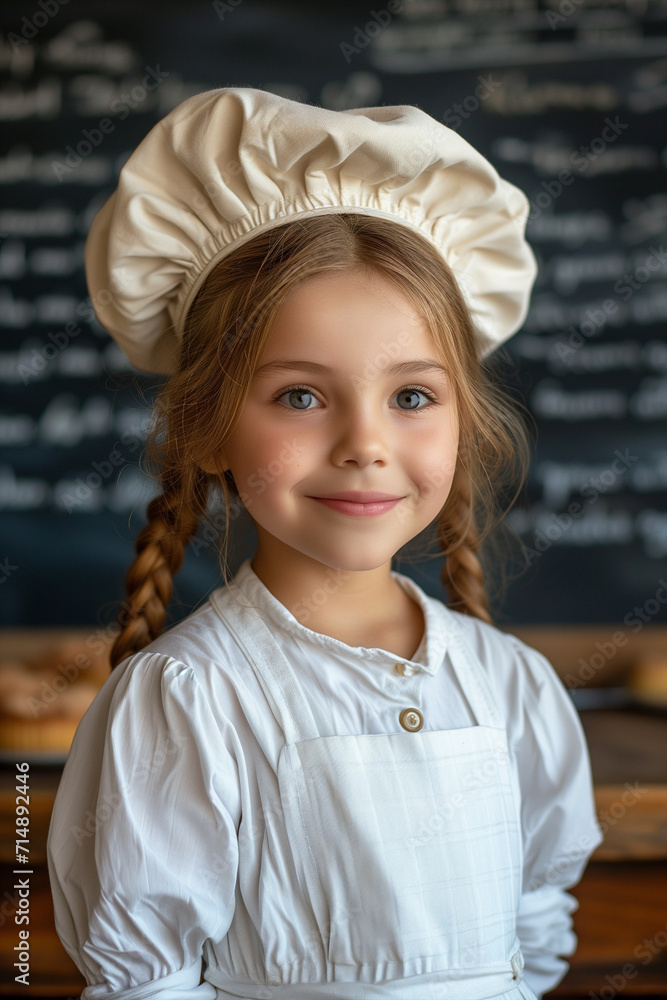 Smiling kid wearing pastry chef outfit. Little girl wearing a pastry ...