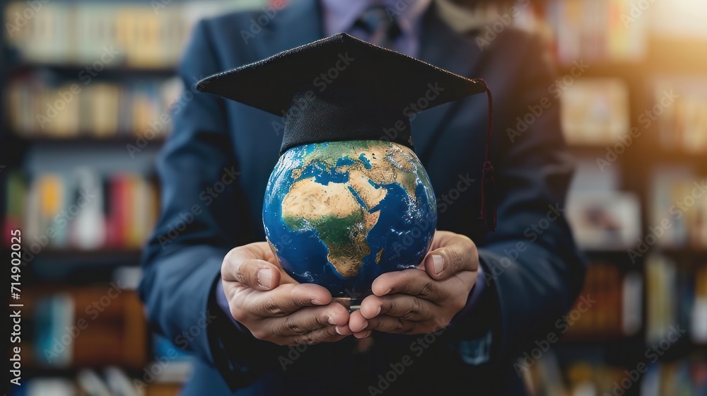 Education in Global world, Graduation cap on Businessman holding Earth ...
