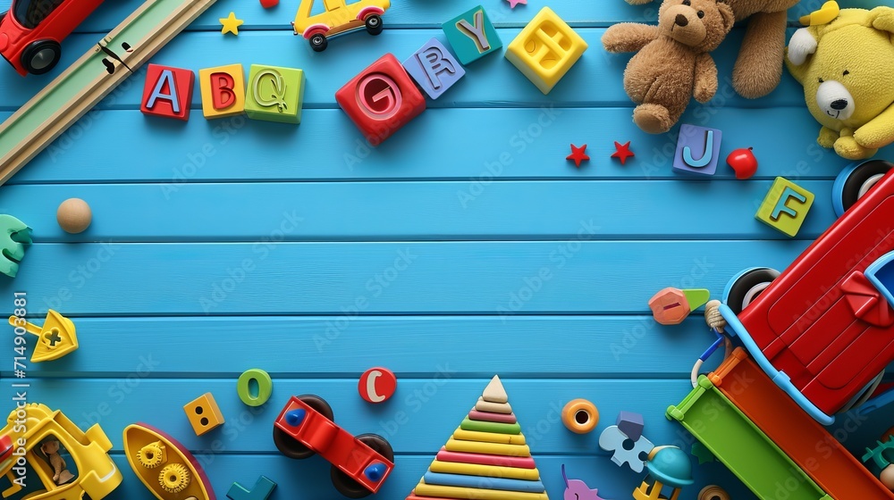 Toys background with copy space. Kids toys train, ABC letters, bear ...