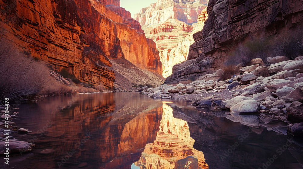 At the bottom of a deep canyon, a meandering river reflects the ...