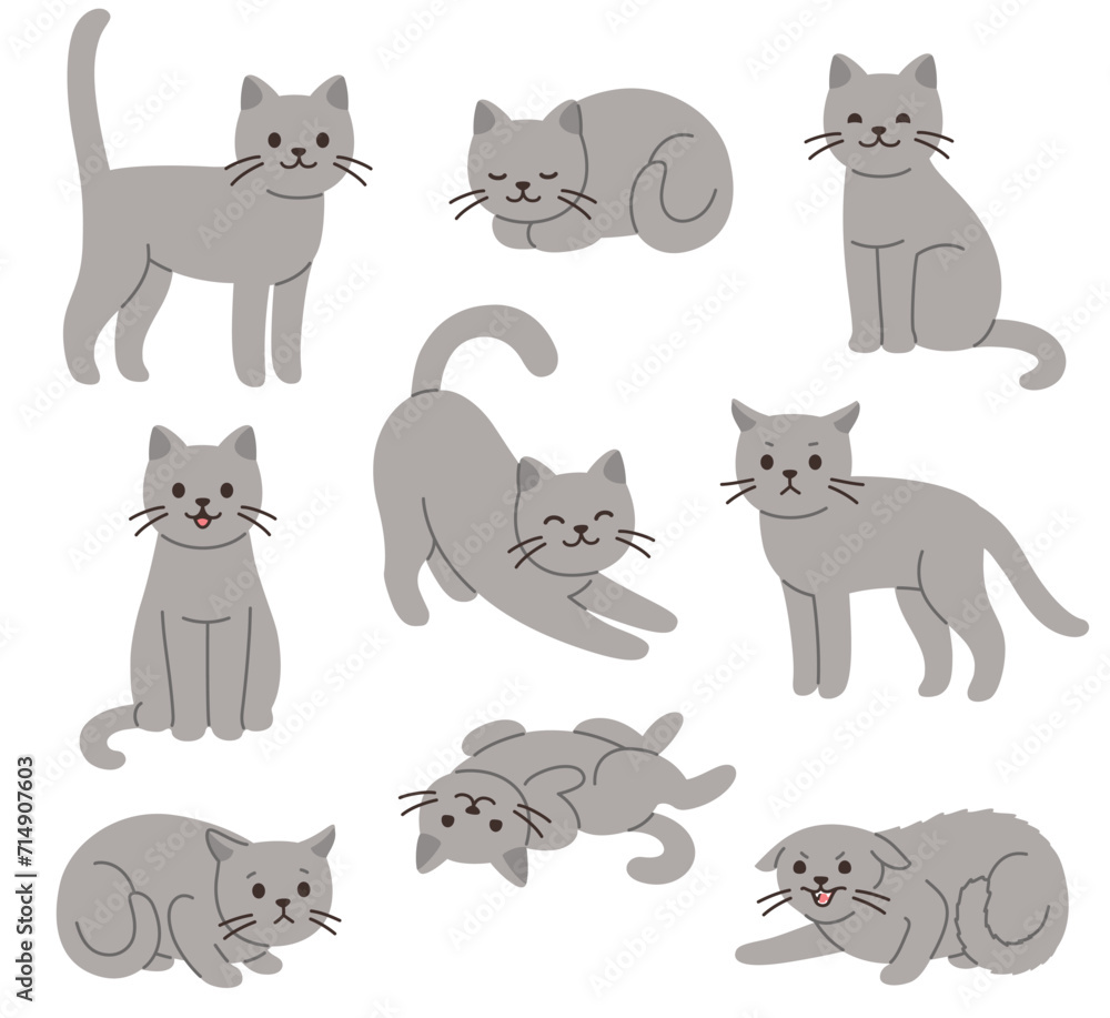 Cartoon cat set with different poses and emotions. Cat behavior, body ...