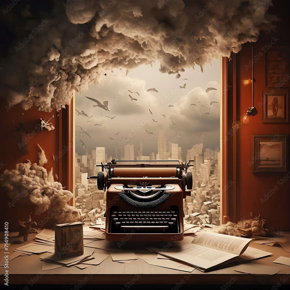 schreibmaschine, alt, buch, wolken, raum, zuhause, design, fenster ...