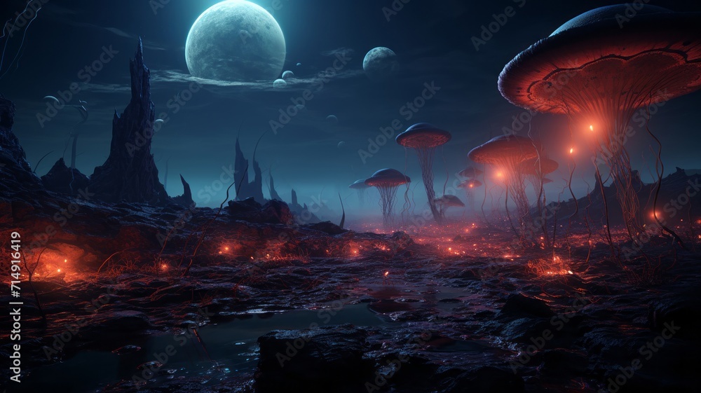 Desolate alien landscape with bioluminescent fungal growths emerging ...
