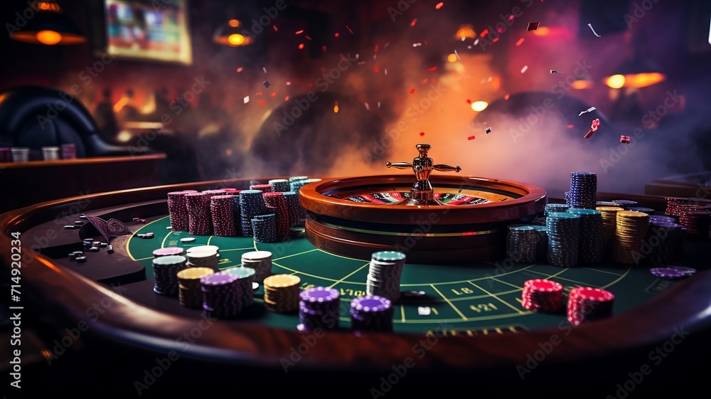 High-stakes game, with a roulette wheel in motion, chips scattered, and ...