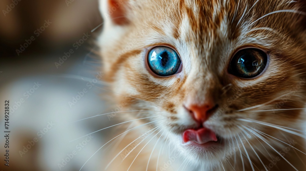 Amusing feline licks its mouth. White and red baby cat with gorgeous ...