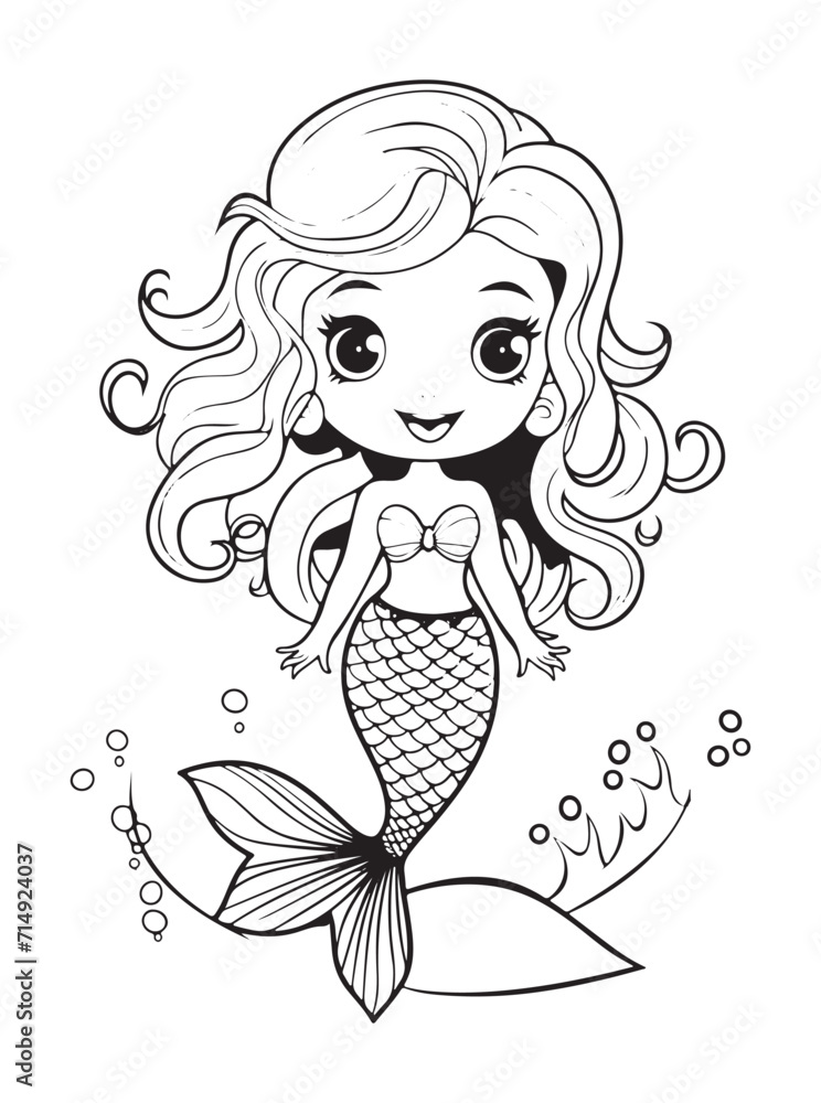 Happy little mermaid girl, vector doodle illustration. Coloring page ...