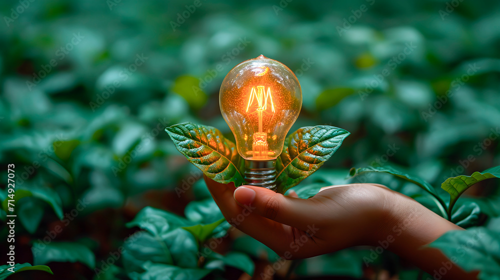 Hand with a light bulb illuminating in nature. Renewable energy concept ...