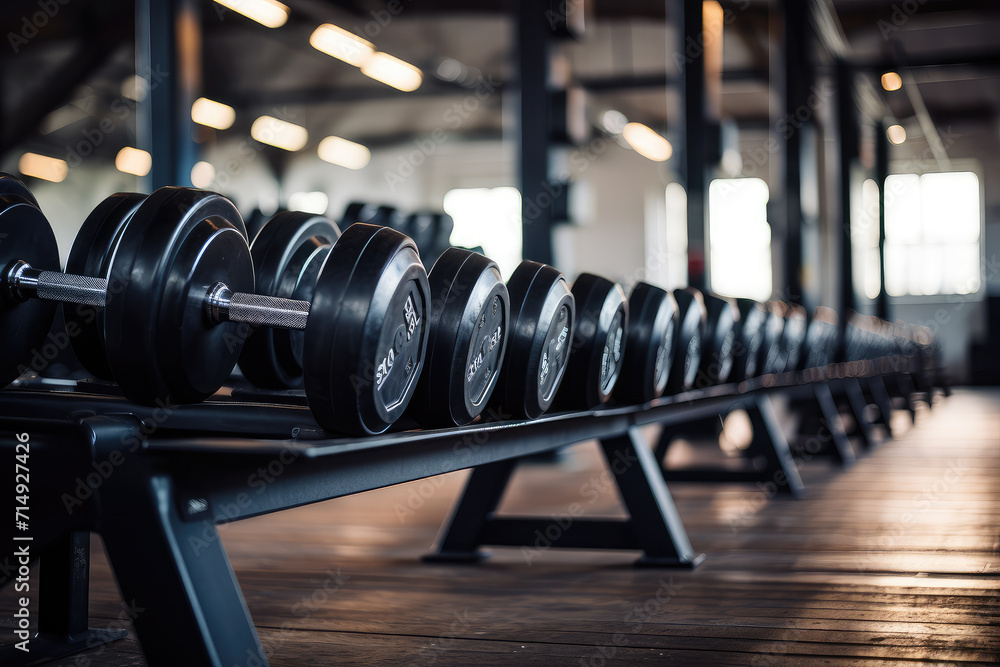 A vivid gym scene showcasing dumbbells and barbells, perfect for ...