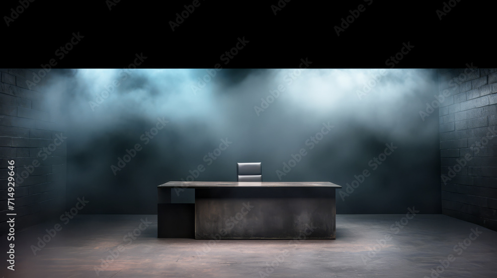 Empty dark workroom with a chair, interrogation room, dark wall ...