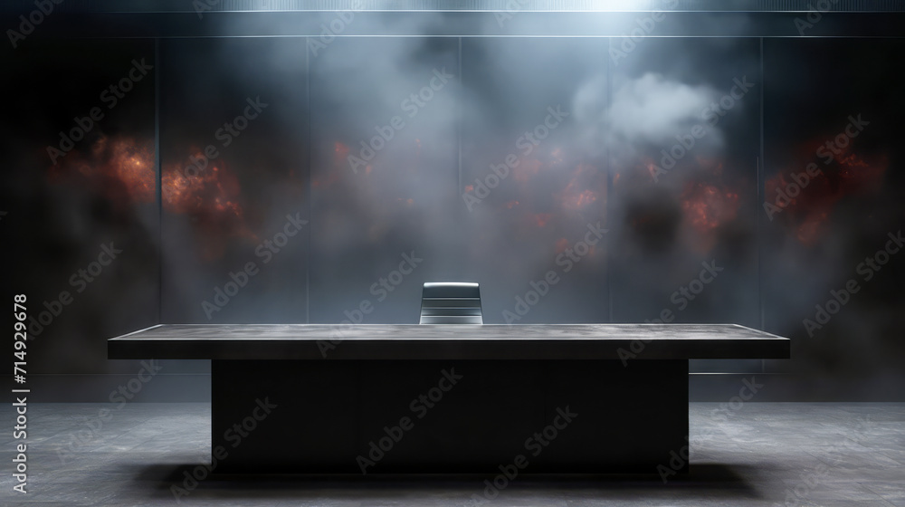 Empty dark workroom with a chair, interrogation room, dark wall ...