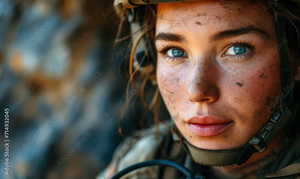Intense portrait of a determined female soldier in tactical gear ...