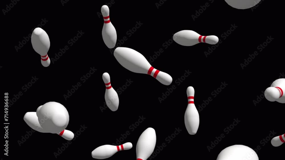 Bowling background. Falling white and red bowling pins over alpha ... Bowling background. Falling white and red bowling pins over alpha ...