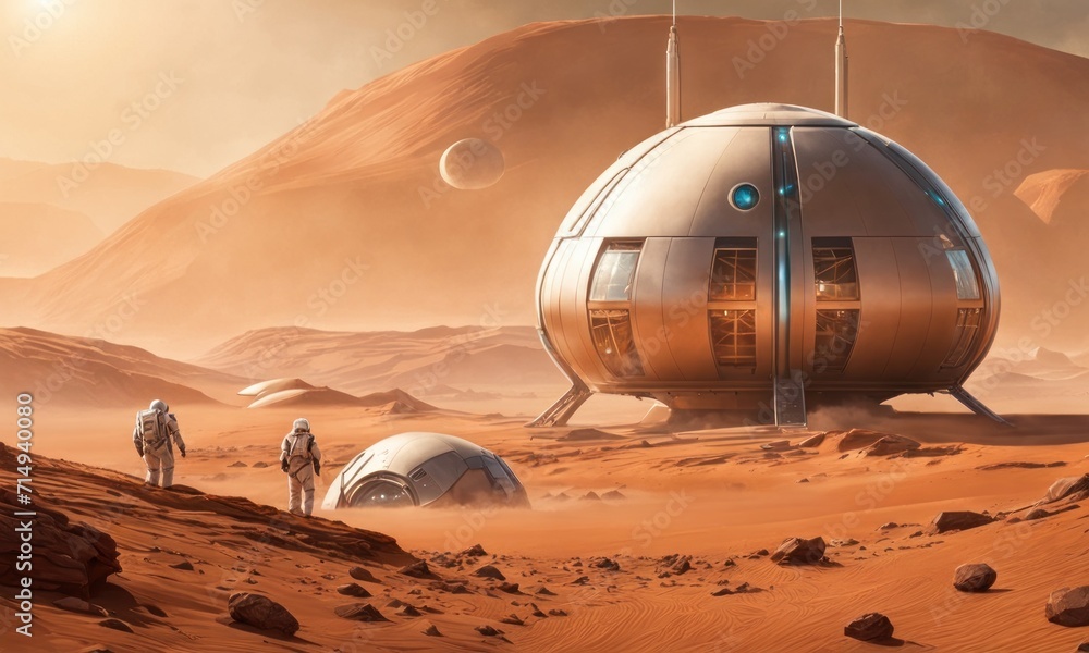 Mars colony concept. Early Martian settlement areal view. Human ...
