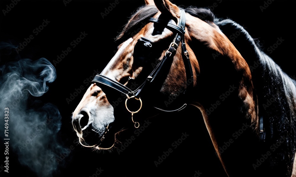 Artistically lit horse head with thick smoke and fumes on black ...
