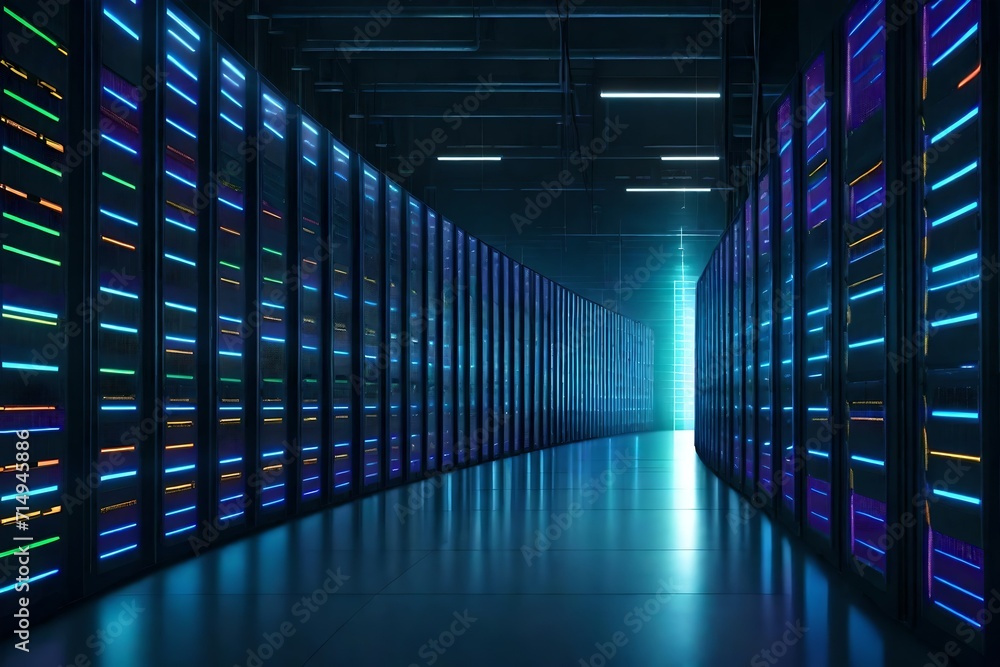 Modern Data Technology Center Server Racks In Dark Room With Vfx Visualization Concept Of