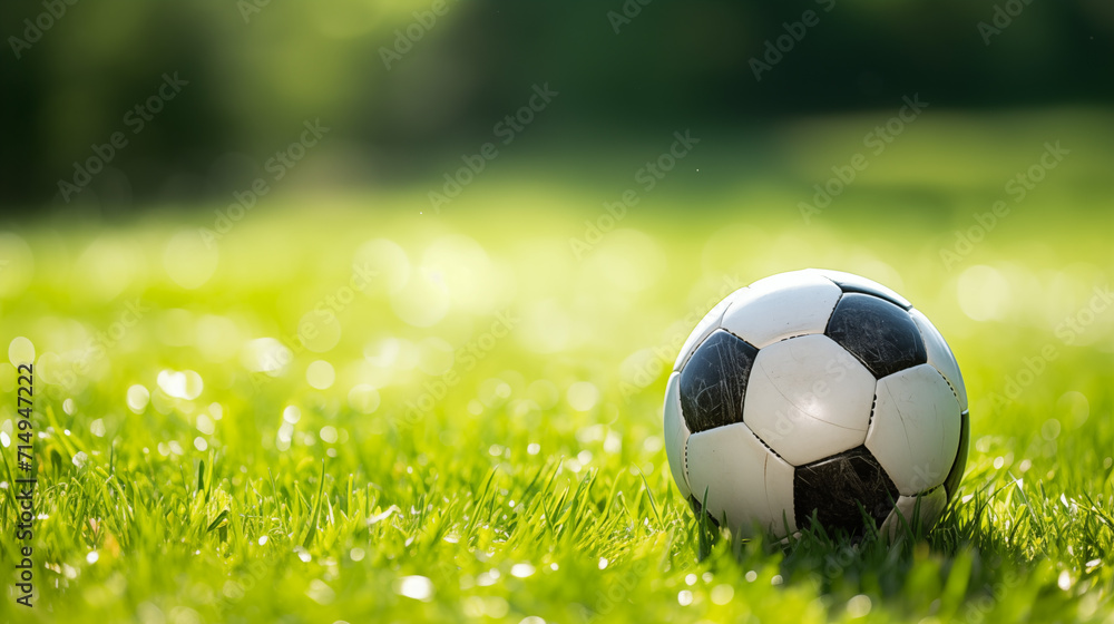 Gros plan sur un ballon de foot sur un gazon, terrain de football ...