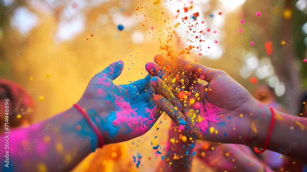 A close-up of friends playfully throwing handfuls of colorful powders ...