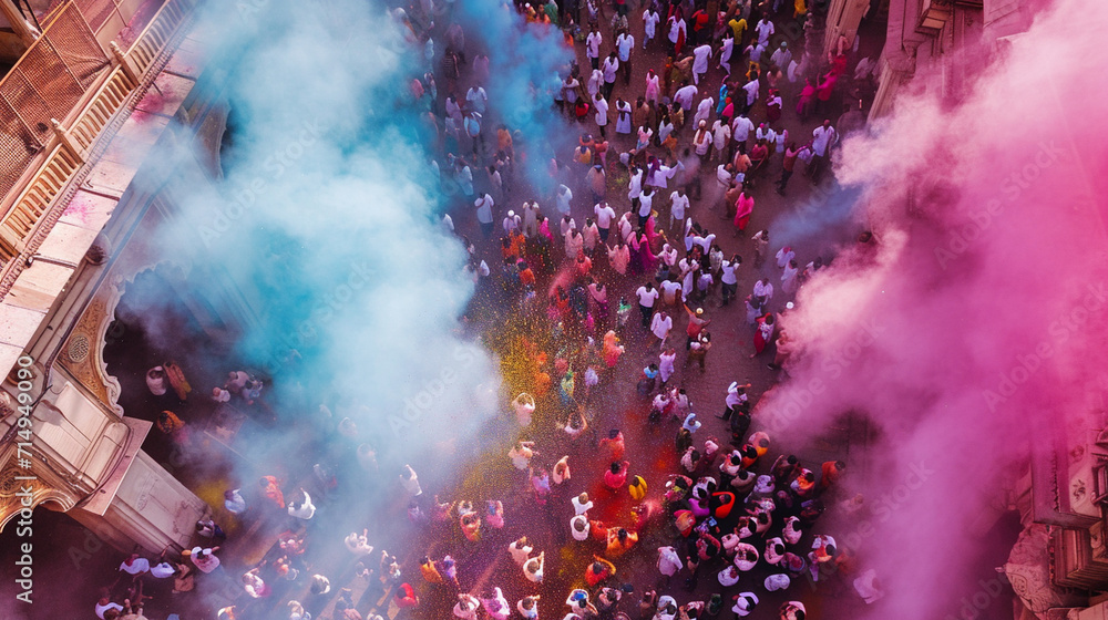 An overhead shot of a Holi festival in full swing, with crowds of ...