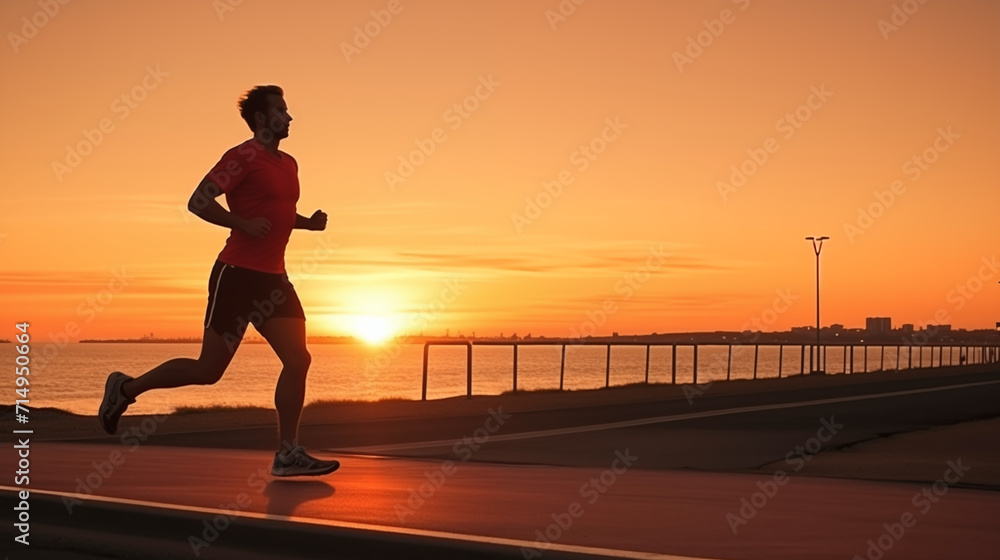 Jeune homme en tenue de sport faisant un jogging, avec un coucher de ...