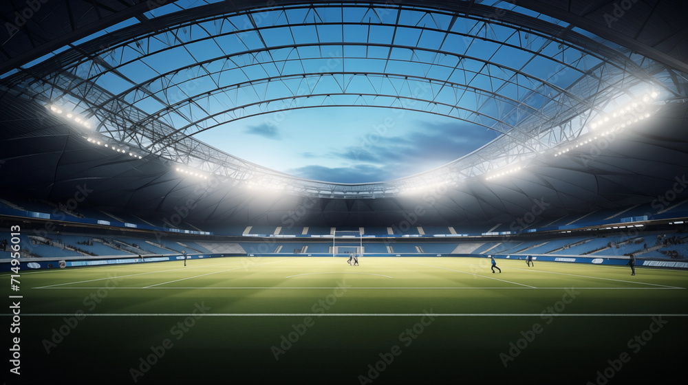 Stade de football en extérieur. Gradin, terrain, sport, match ...