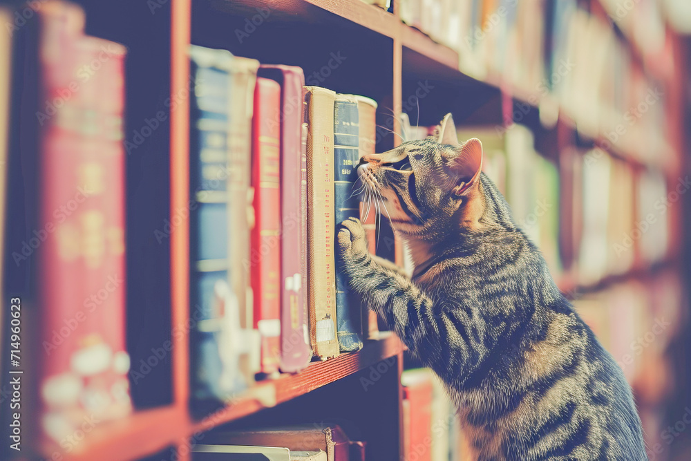 Cute cat inside a library, National Library Day, April, Animals concept ...