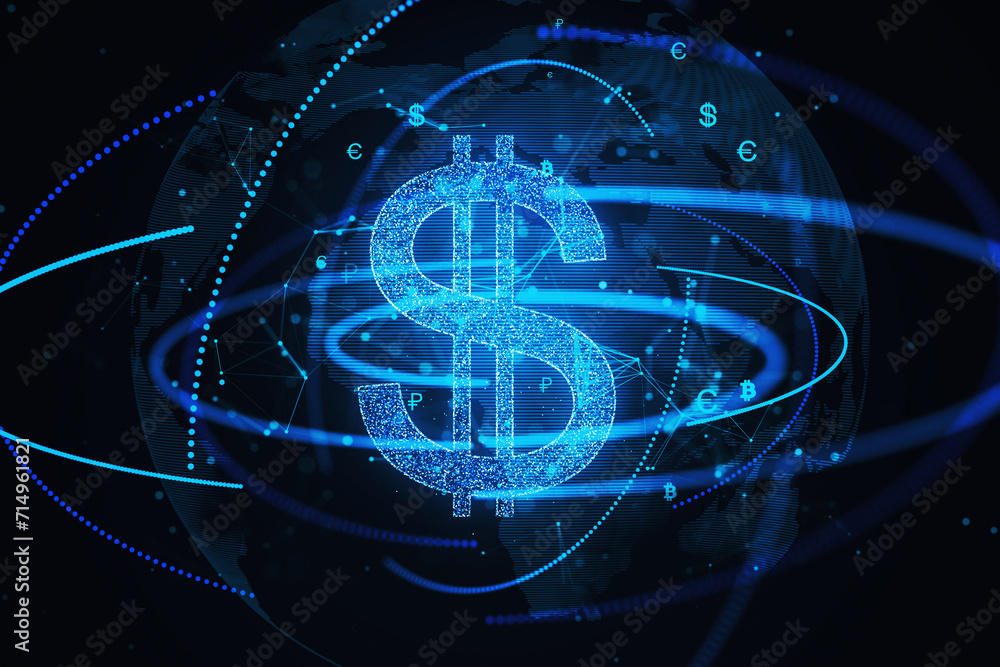 Sparkling blue dollar icon with global currency exchange background ...