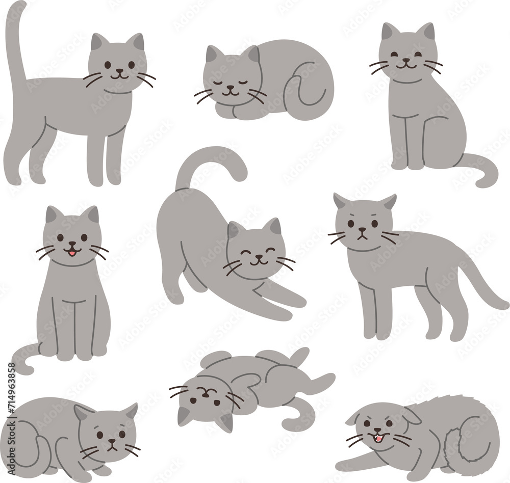 Cartoon cat set with different poses and emotions. Cat behavior, body ...